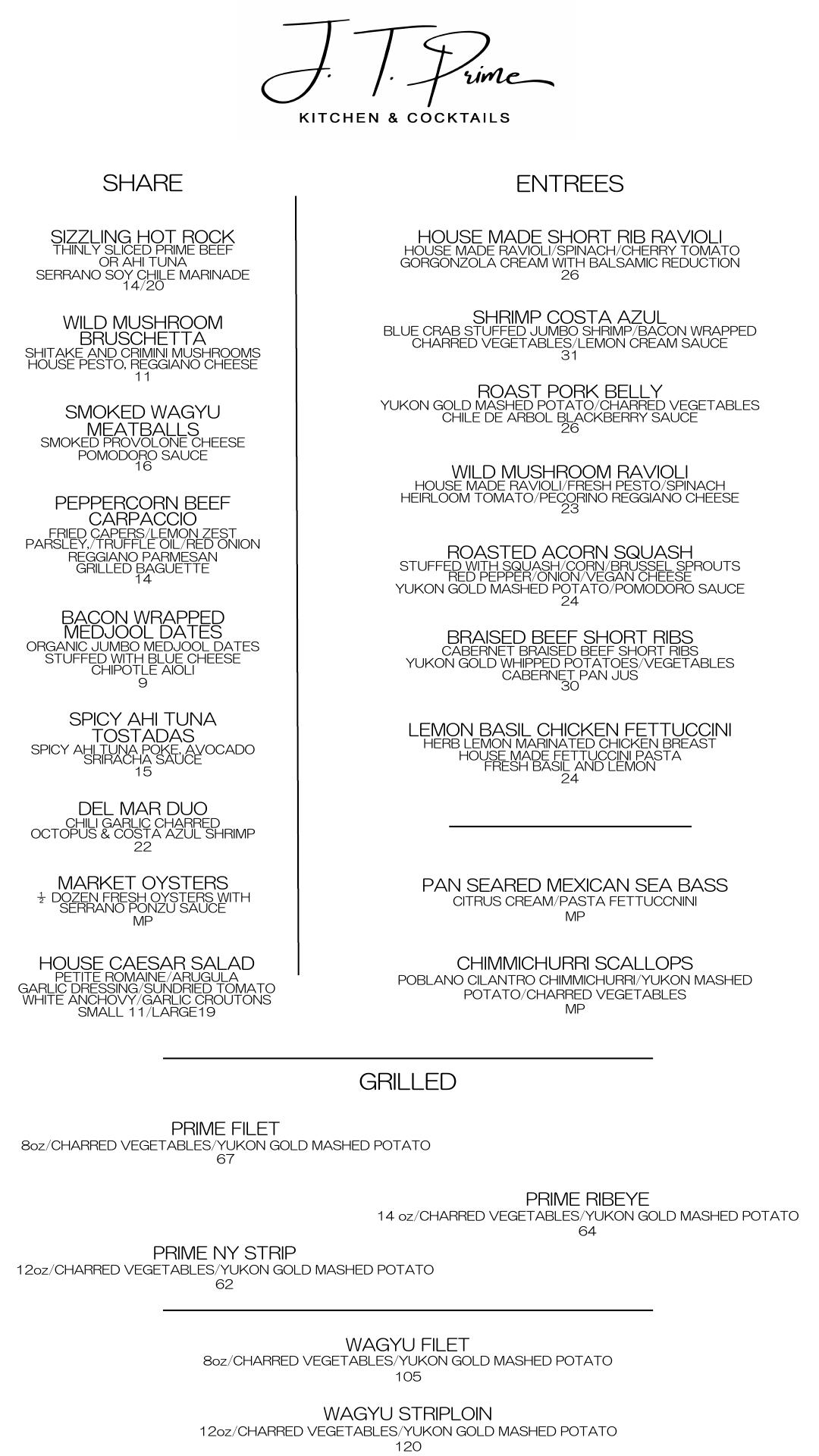 Menu for J.T. Prime Kitchen Yuma, Yuma, AZ - Restaurantji