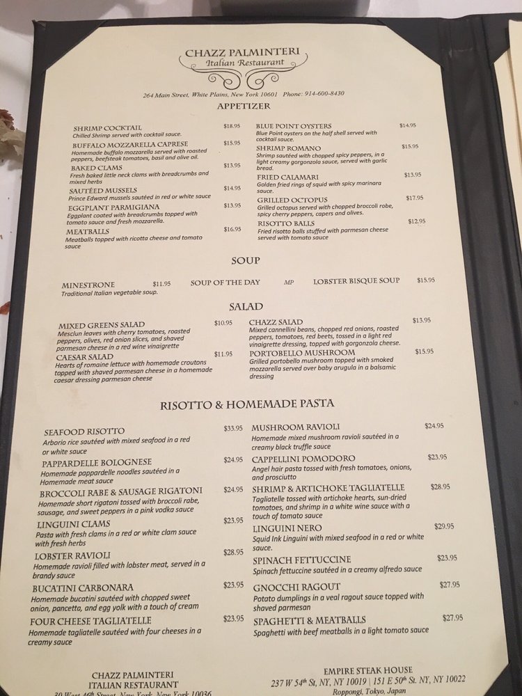 Chazz Palminteri Italian Restaurant White Plains, White Plains - Menu ...