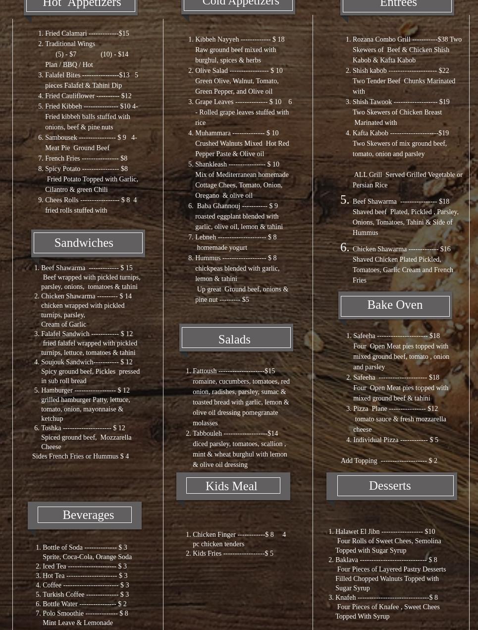 Rozana Mediterranean Restaurant & Banquet Hall, Whitehall - Menu ...